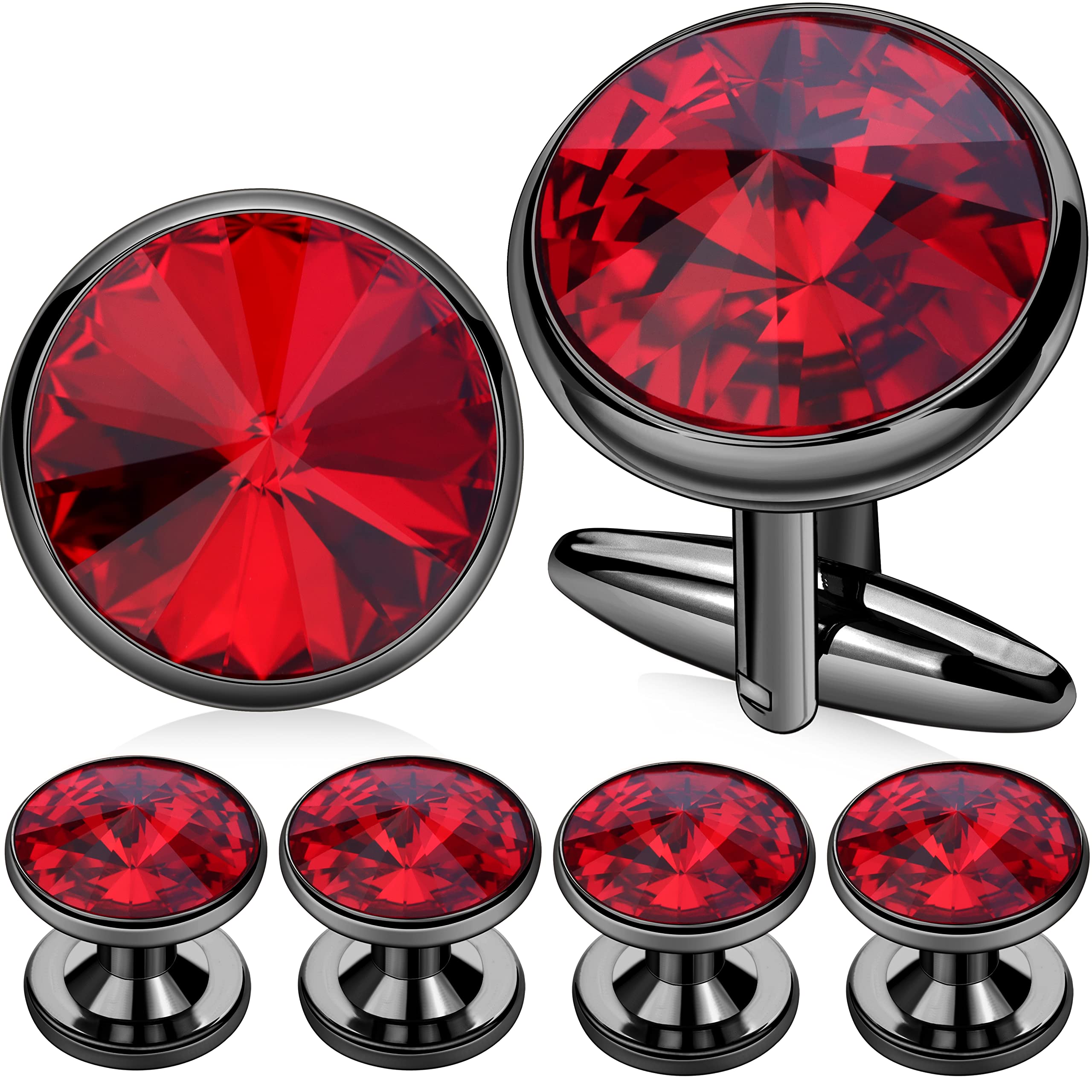 HAWSON Cufflink and Studs Tuxedo Set Silver Color with Austrian Crystals in Jet Hematite, Dark Blue, Crystal Grey,Purple, Green (Light Siam)