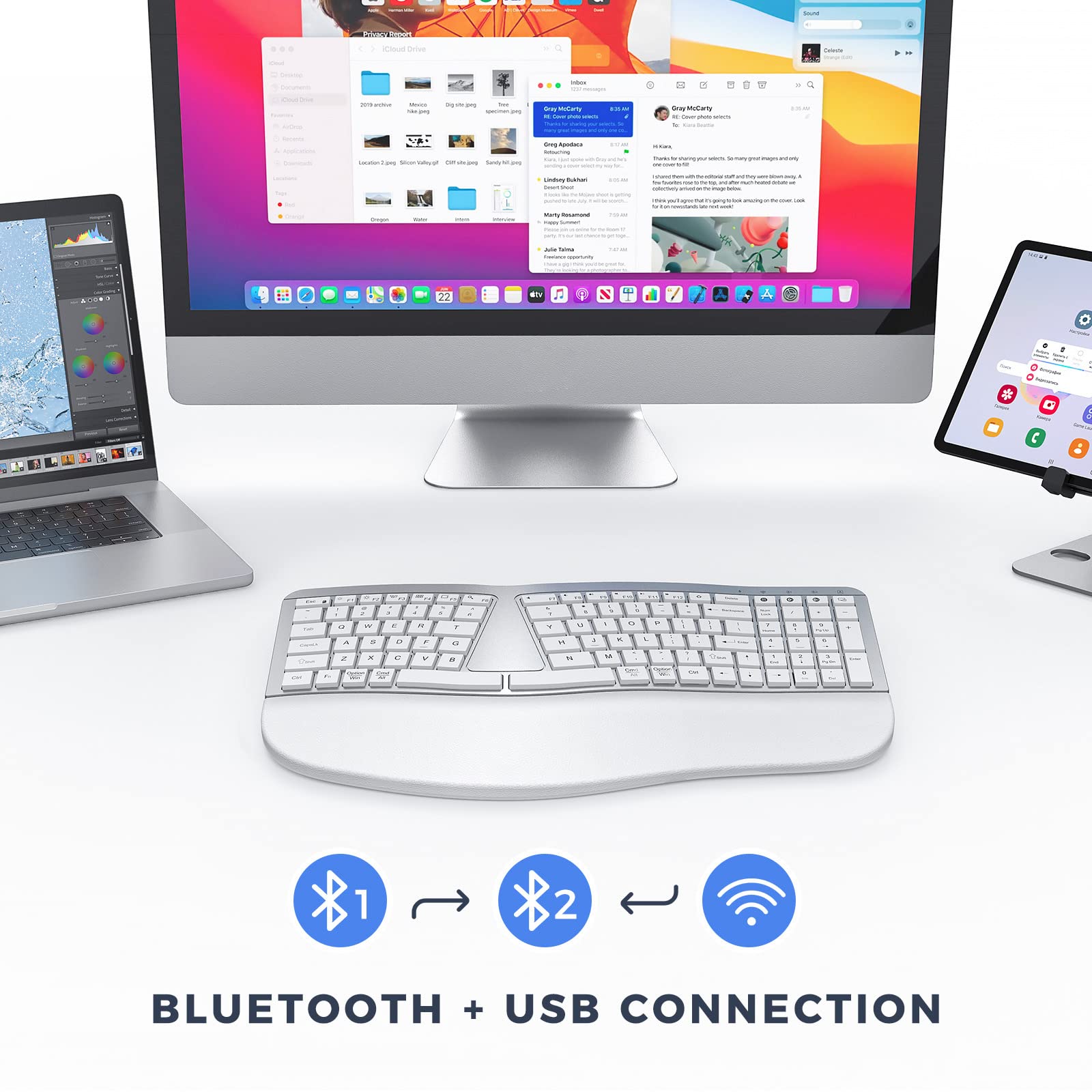 PEIOUS Ergonomic Keyboard, Bluetooth Keyboard Multi-Device Rechargeable with Split Keyboard Layout and Wrist Rest, USB Ergo Wireless Keyboard for Mac and Windows, Laptop, Computer, Silver