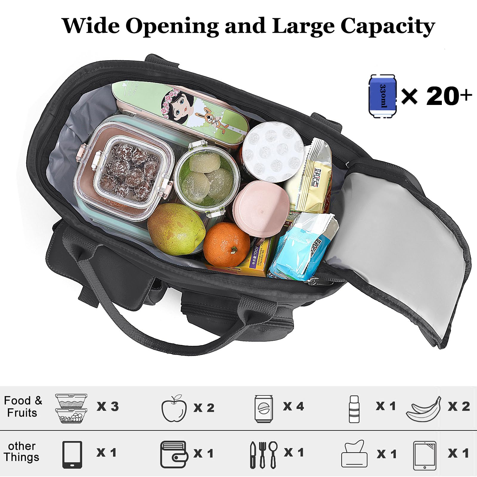 Hafmall Large Insulated Lunch Bag for Women Men, Leakproof Lunch Box for Adults, Wide Opening Lunch Tote Bag with Shoulder Strap, Reusable Lunch Cooler Bag for Work, Picnic, Black