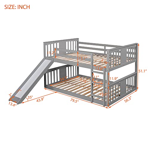 HBRR Full Over Full Bunk Beds with Slide for Kids, Low Profile Bunk Beds with Built-in Ladder, Space-Saving/No Box Spring Needed/Easy Assembly/Grey