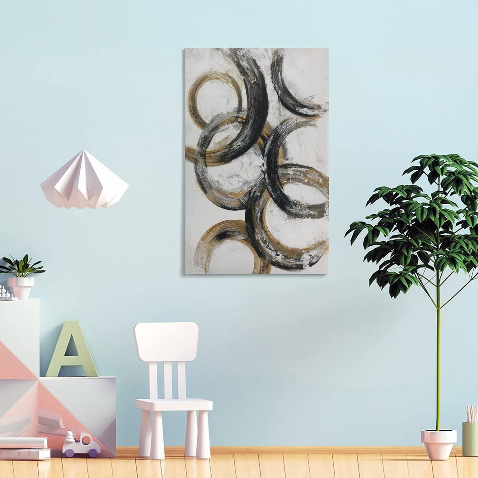Hand-Painted Abstract Oil Painting Black White Circle Fine ArtHandmade Modern Acrylic Artwork Texture Painting Original Paintings Canvas Wall Art16x24inch(40x60cm)