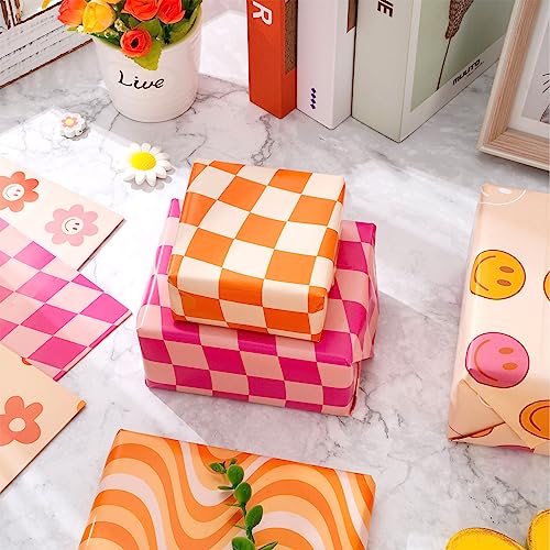 Whaline 12Pcs Retro Groovy Wrapping Paper Boho Daisy Face Checkered Gift Wrap Bulk Art Paper Folded Flat for Baby Shower Birthday Wedding DIY Crafts Gift Packing, 19.7 x 27.6 Inch