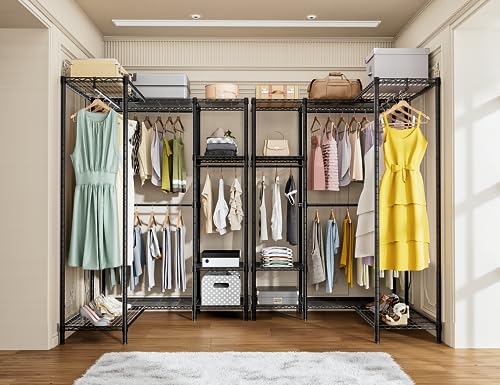 Ulif L2 Heavy Duty L-Shaped Garment Rack, 5-Tier Freestanding Clothes Rack with Shelves, Closet Organizer Storage System for Corner and Small Bedroom, 44"W x 43.3"L x 77.6"H, Max Load 802 LBS, Black