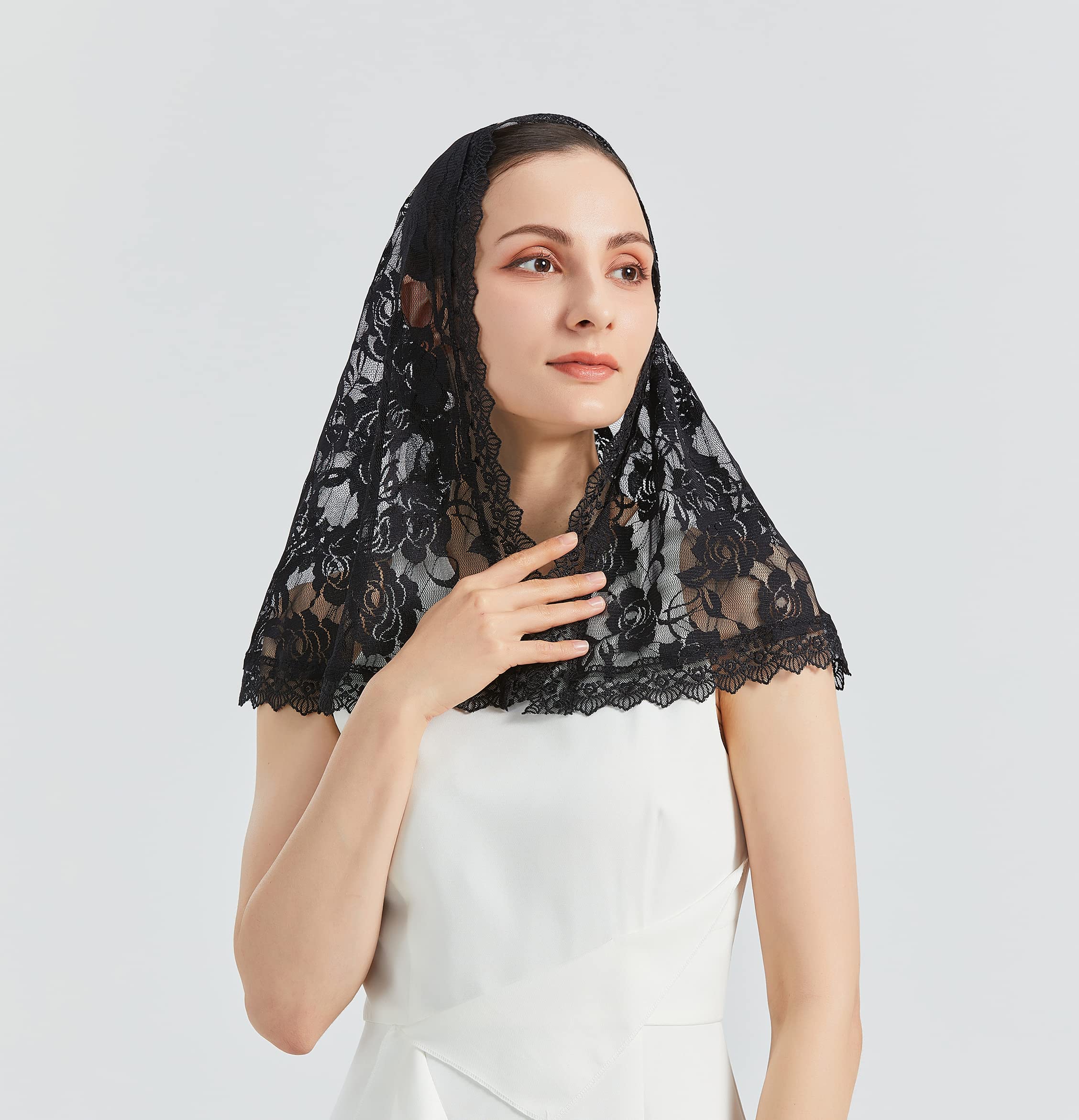 Grettytling Lace Mantilla Veil Soft and comfortable 7 Colors Spanish Style Rose Lace Veil Head Covering D Shape , 2pcs Black&white