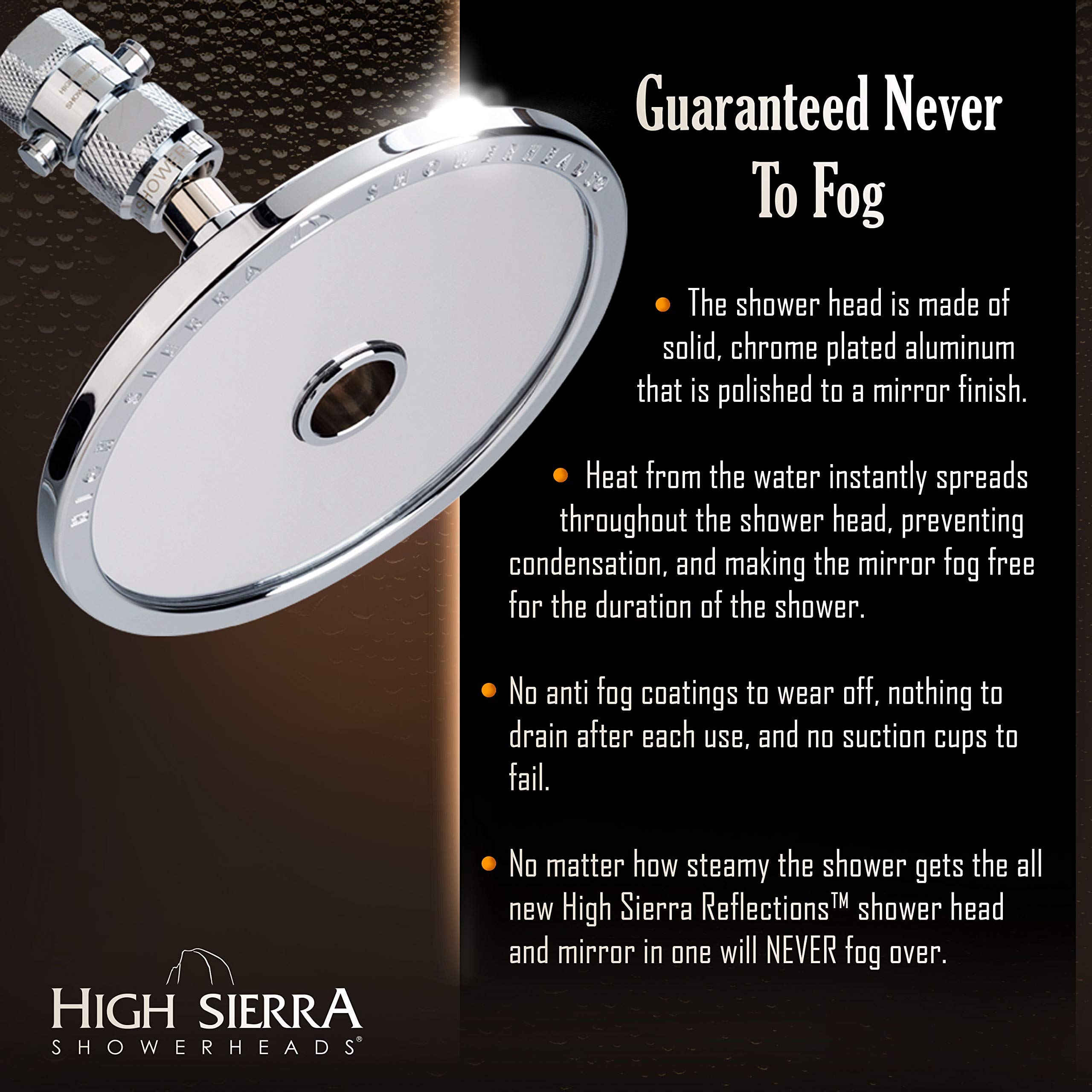 High Sierra's 2.0 GPM "Reflections X" Low Flow Shower Head and Fogless Shaving Mirror In One. Includes 11" Adjustable Extension Arm and Control Valve. Available in Chrome or BRUSHED NICKEL