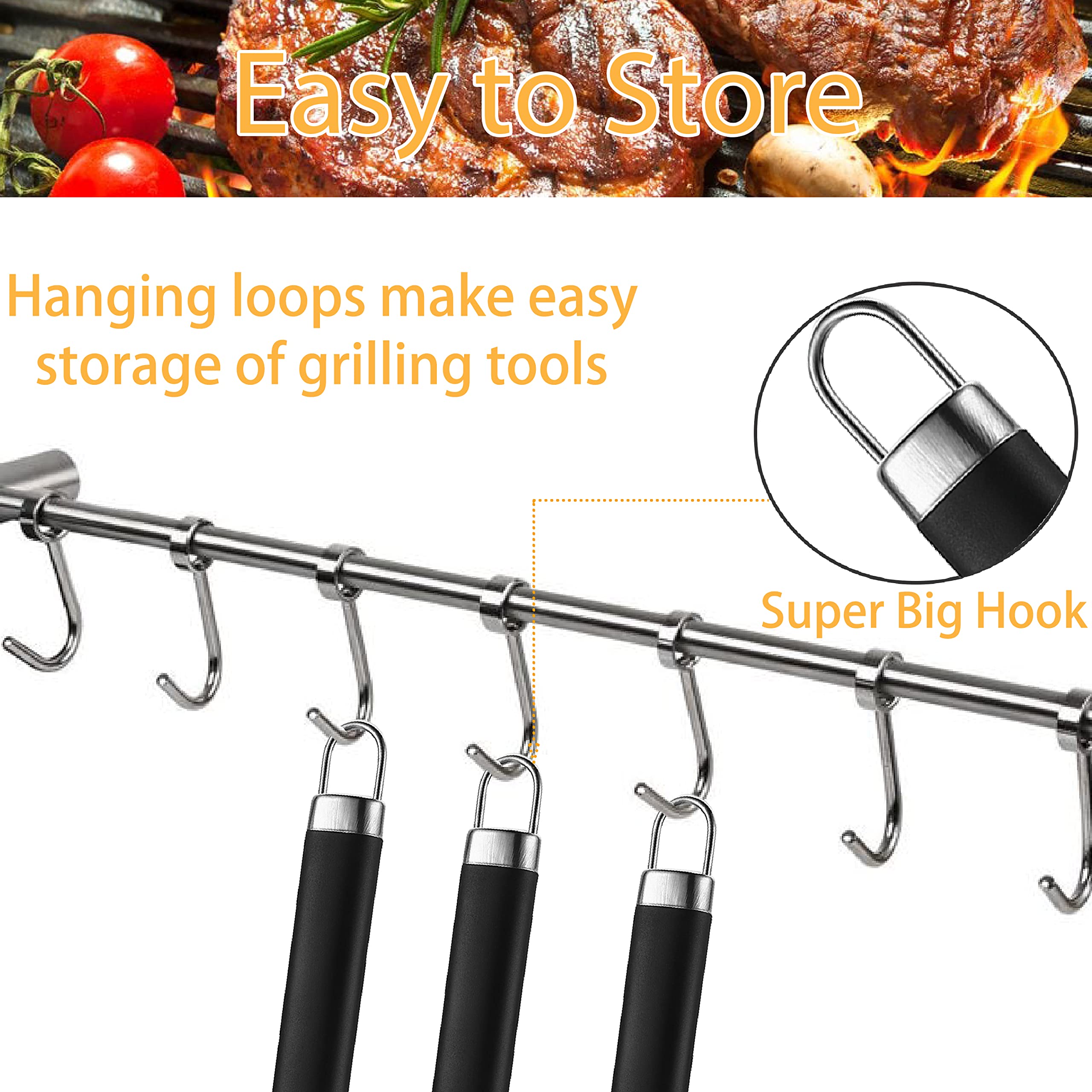 Grilljoy 7Pcs Guitar Style BBQ Tool Set with Long Handles-Heavy Duty Stainless Steel Grill Accessories with Spatula, Tongs, Brush and Fork for Music Lovers