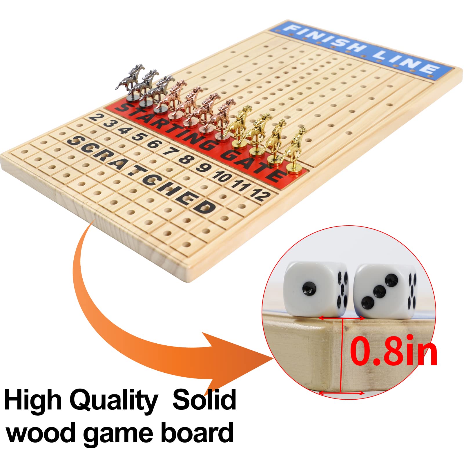 Grhonior Large 21 inches Horse Racing Board Game with 11 Luxury Metal Horses Thickened Wood Game Chessboard Including Dice and Cards FINISH LINE Race Game Board