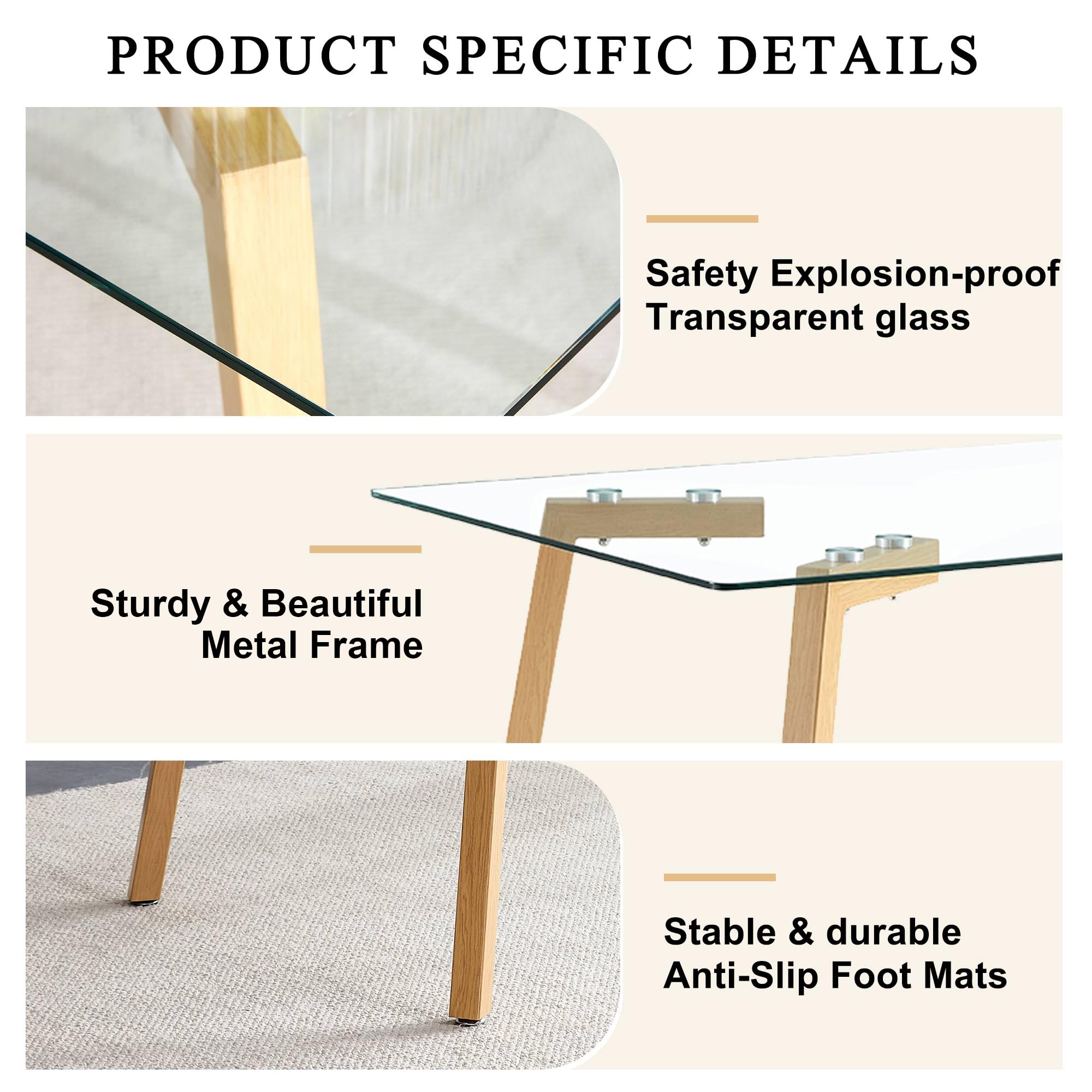 Henf Transparent Dining Table Set for 4 Persons,5-Piece Dining Table Set with 4 Plastic Chair for Kitchen Dinette,51'' Glass Dining Room Table and Chair Set,Breakfast Nook w/ 4 Chairs (Light Brown)
