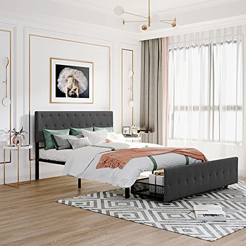 TARTOP Queen Size Upholstered Platform Bed with Storage Drawer, Metal Queen Bed Frame with Headboardļ¼No Box Spring Requiredļ¼Gray