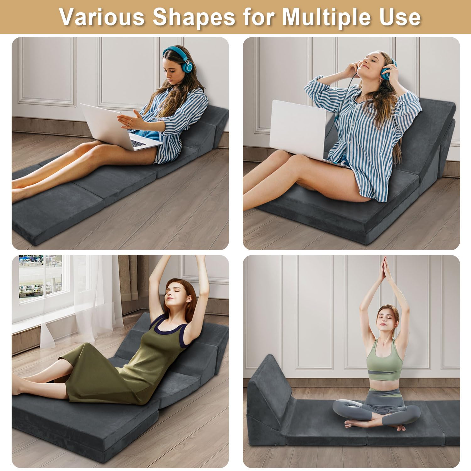 QIUBABYO Multifunctional Foldable Portable Mattress,Foldable Sofa Mattress with Lumbar Support&Buckle Straps for RV Yoga Living Room Bedroom Guest Room Home Office(Dark Gray)