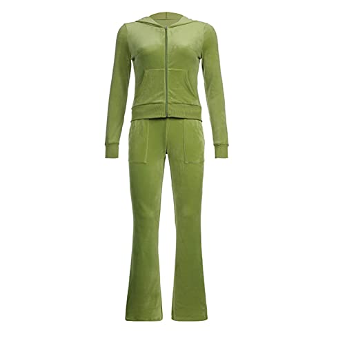 Women's 2 Piece Velour Tracksuit Set Heart Print Long Sleeve Zipper Hoodie Cropped Jacket and Sweatpants Y2K Sweatsuit Set (B-Green, Large)