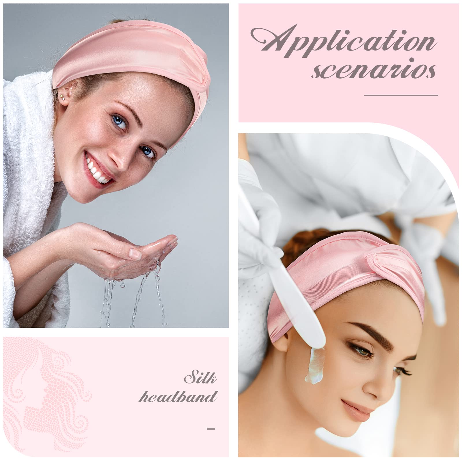 Juinte 6 Pcs Satin Headband Facial Silk Hair Wraps for Women Washing Face Adjustable Spa Headband for Sleeping Headband (Pink)