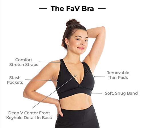 Handful The FaV Bra, Medium Support Sports Bra, Pockets, Removable Pads, Deep Plunge Neck Line, Booya Black, Small