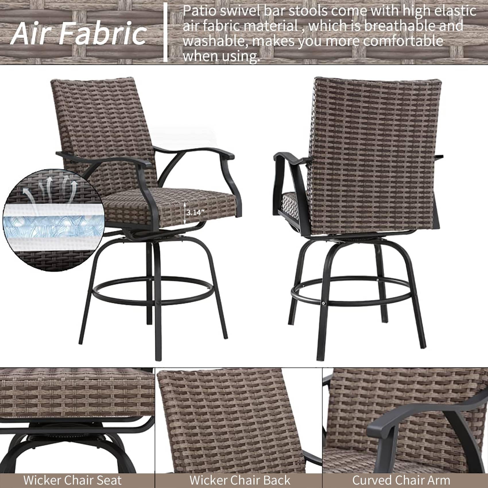 TOP HOME SPACE Patio Bar Stools High Back Outdoor Swivel Bar Height Stool Wicker Chairs Set of 2 with Built-in Cushion Metal Frame for Deck Porch Backyard