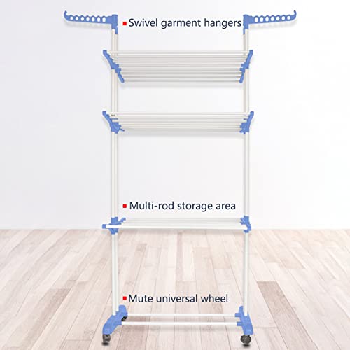 TOLUON Clothes Drying Rack, Movable Drying Rack with 4 castors, 3 Tier Clothes Horses Rack, Laundry Garment Dryer Stand with Two Side Wings for Home (Blue)