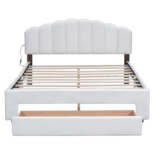 HBRR Queen Size Bed Frame with Drawer, Upholstered Smart Platform Bed with 2-Drawers Nightstand and USB Ports, Strong Wood Slats Support, No Box Spring Needed, Teddy Fleece, White