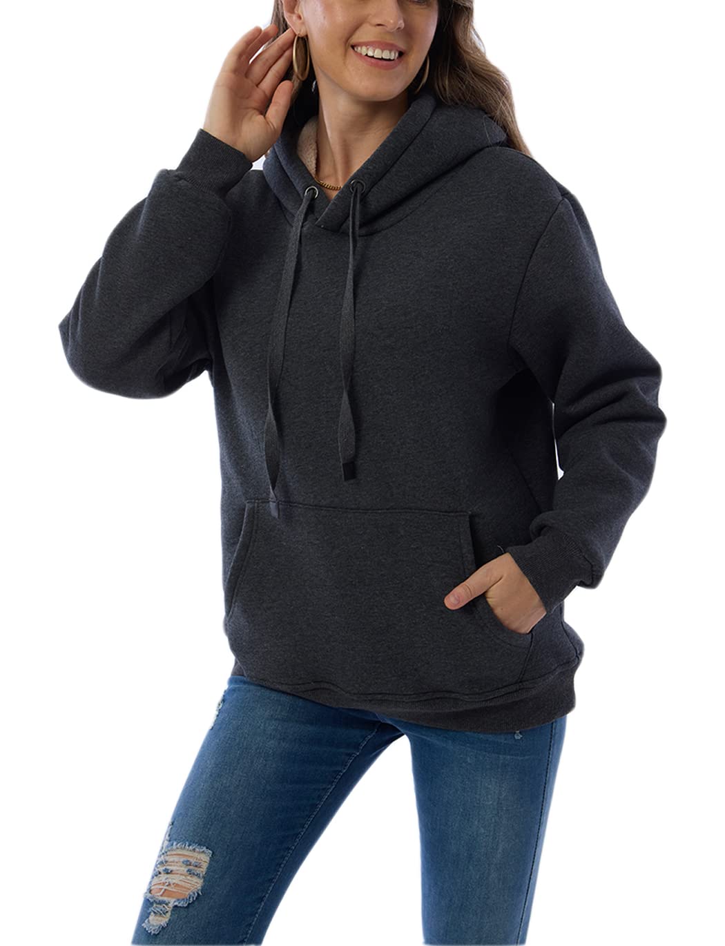 Haellun Womens Casual Winter Warm Fleece Sherpa Lined Pullover Hooded Sweatshirt (Dark grey, Large)