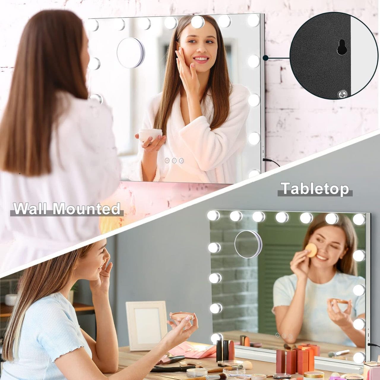 HIEEY Lighted Makeup Mirror, Hollywood Vanity Mirror with Lights, Three Color Lighting Modes, and 5X Magnification Mirror, Smart Touch Control, 360°Rotation (12in. White)