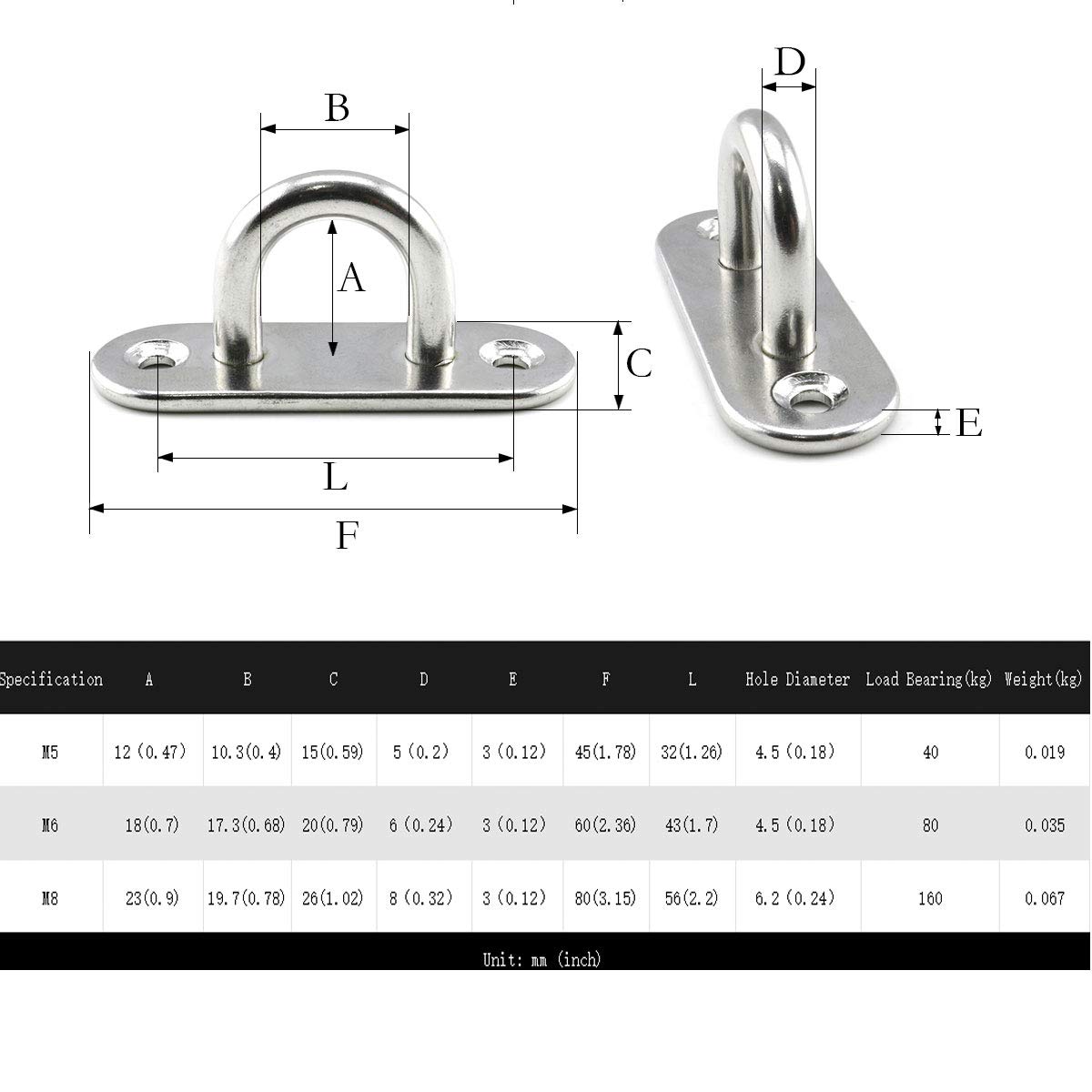 heyous 4pcs M6 Oblong Pad Eye Plates Ceiling Wall Mount U Hook Anchor Hanger Stainless Steel Staple Ring Hook Boat Yacht Shade Sail Tie Down Rigging