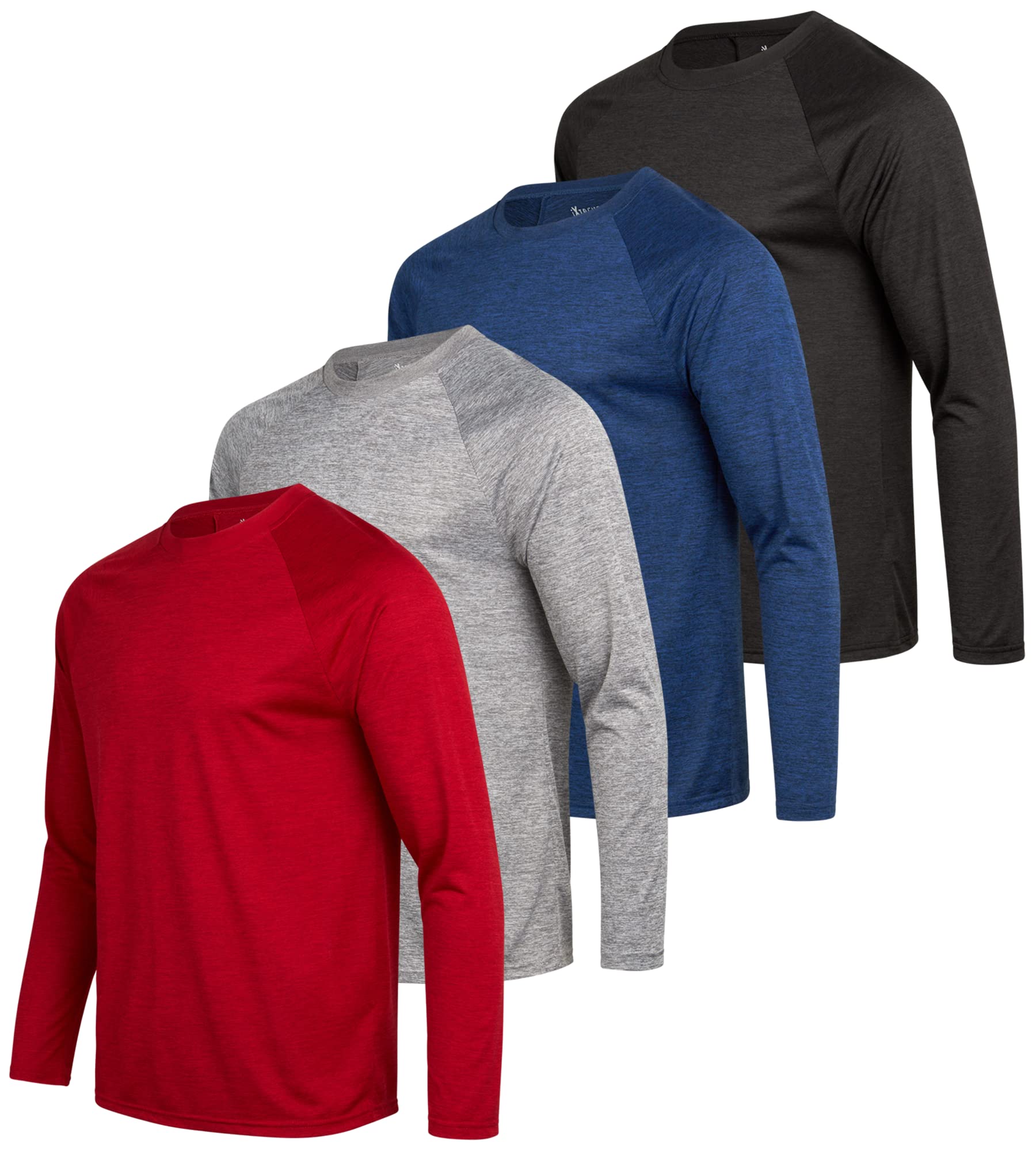 iXtreme Men’s Active T-Shirt - 4 Pack Performance Dry-Fit Long Sleeve Sports Tee - Athletic Workout Shirt for Men (S-3X), Size Large, Black/Red/Blue/Grey Marble