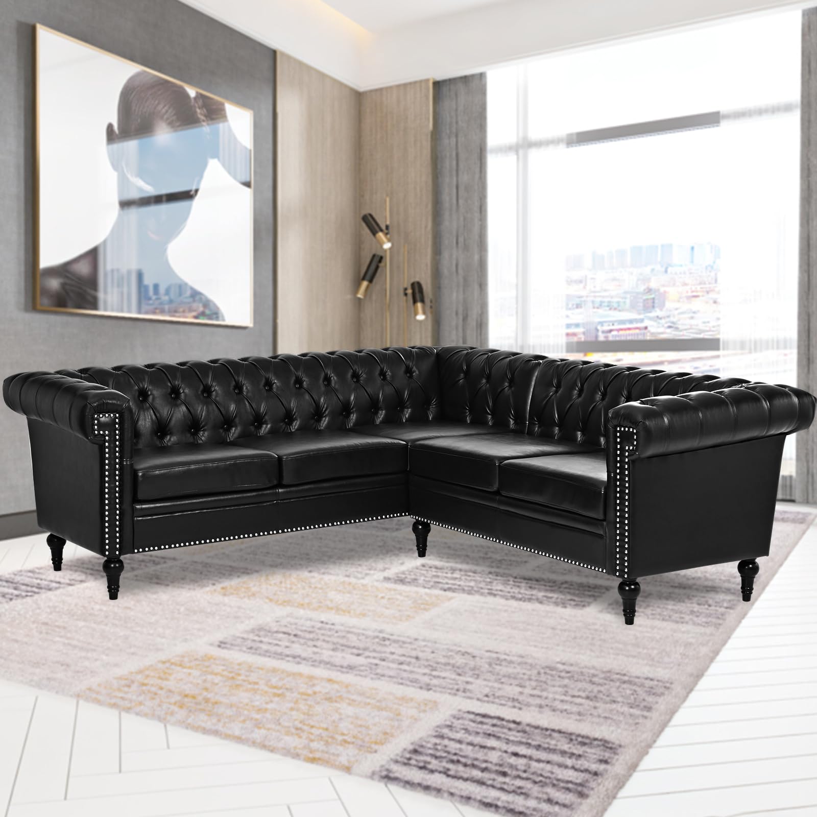 Vaztrlus Chesterfield L-Shaped Faux Leather Sectional Sofa, Modern, Large Corner Couch for Living Room with Modular Button Design. Five-Seater Sofas (Black