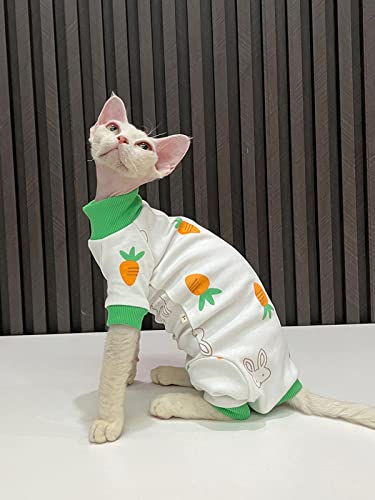 Sphynx Hairless Cat Clothes Autumn Cotton T-Shirts Four Leg Jumpsuit Base Shirts High Collar Pullover Cute Pattern Kitten Shirts Pet Clothes (L(6.6-8.8lbs), Carrot)
