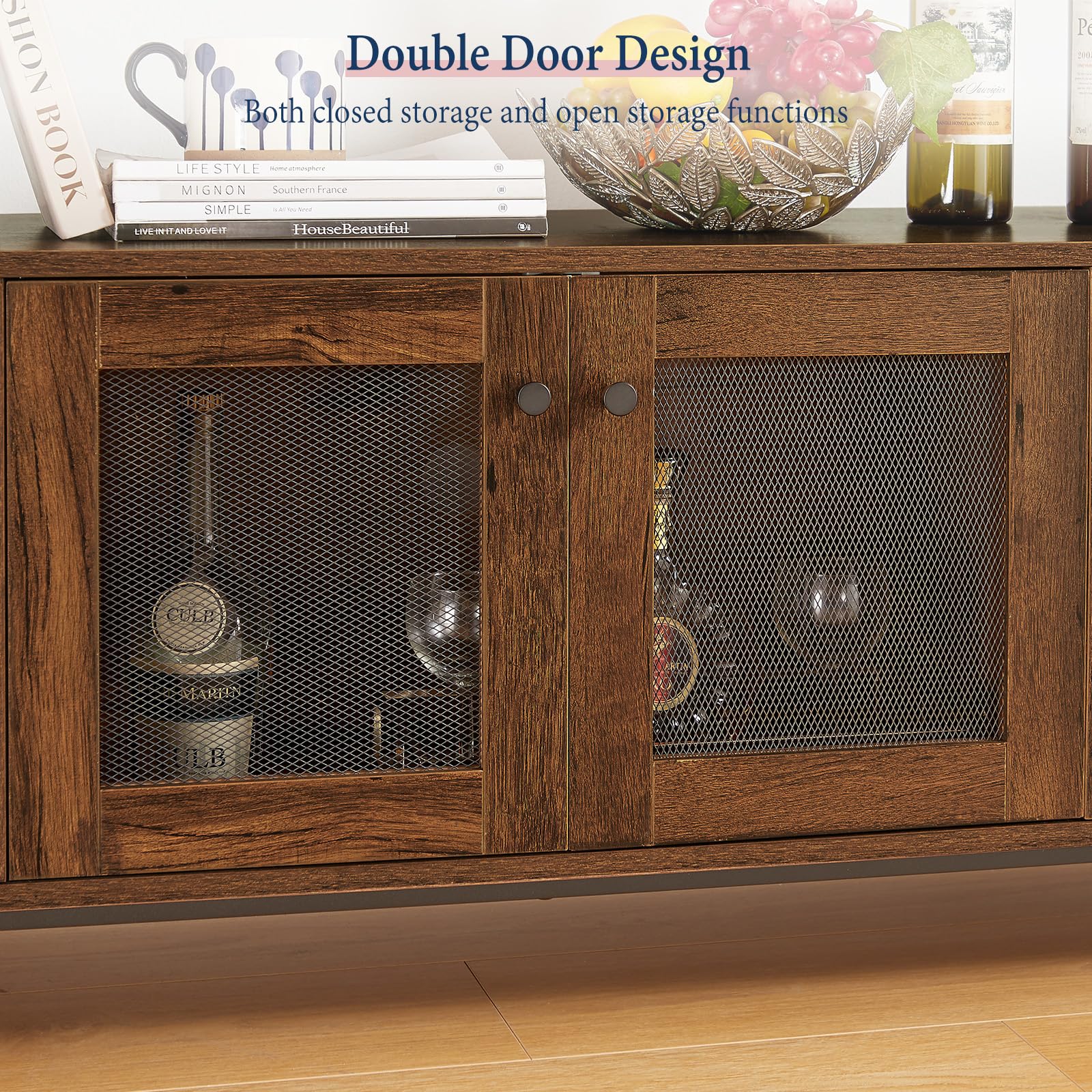 Tatub 54.3'' Wine Bar Cabinet for Liquor, Coffee Bar Cabinet Buffet Sideboard with Storage Compartment for Kitchen, Dining Room, Farmhouse(Hazelnut Brown)