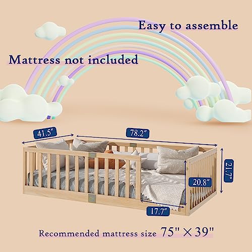 Tatub Twin Floor Bed with Safety Guardrails, Montessori Floor Bed for Kids, Wood Kids Floor Beds Frame, Entry Can Install Left and Right, Twin-Nature