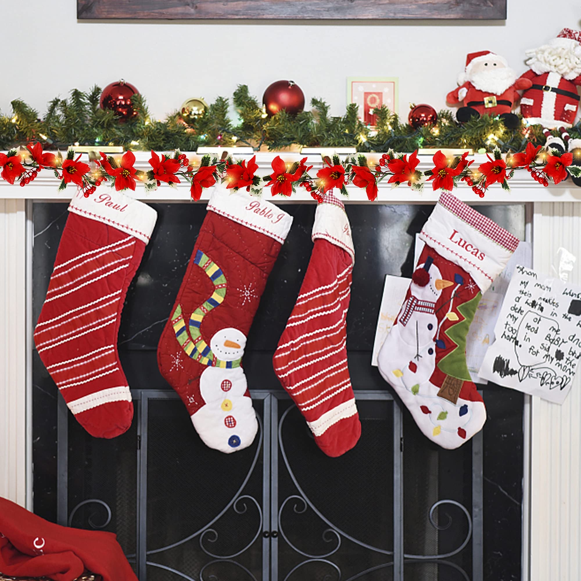Happy Trees 6 Ft Christmas Garland Lighted Decorations, Artificial Flowers Red Berries Holly Leaves Garlands with Timer, Xmas Ornaments for Indoor Mantle Fireplace Home Decor