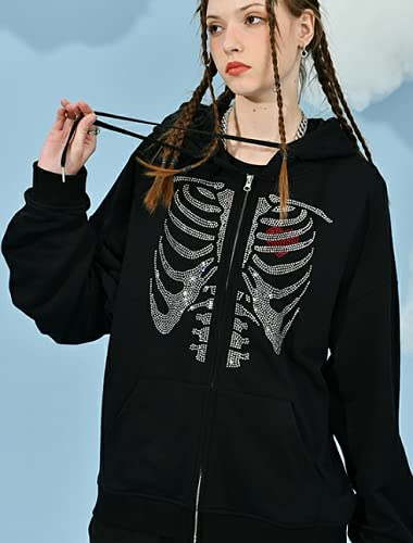 Women's Y2K Rhinestone Skull Hoodie Zip Up Oversized Casual Drawstring Hoodie E-Girl 90s Streetwear Jacket Tracksuit(G-black,S)