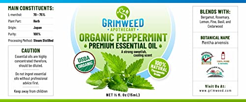 Grimweed Apothecary Organic Peppermint Essential Oil, 100% Pure and Natural | Premium Grade Essential Oils for Diffusers, Aromatherapy, Massage, Humidifiers and Topical uses