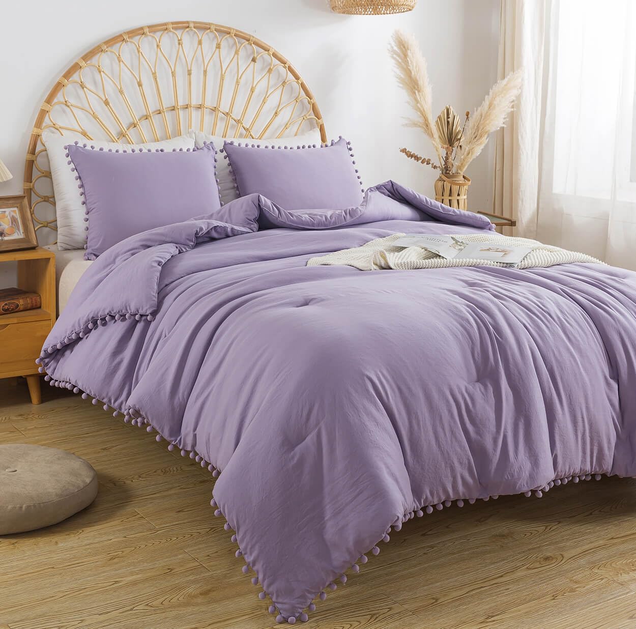 TanNicoor Pom Fringe Duvet Cover Set - 3 Piece Natural Ultra SOFE Color Washed Microfiber Bedding Set, Modern Style Down Comforter Quilt Cover with Zipper Closure(Queen, Lavender Purple)