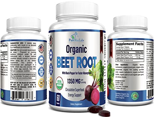 YUMMYVITE Organic Beet Root Powder Tablets - 1350mg with Black Pepper for Faster Absorption - Boosts Nitric Oxide for Energy and Stamina - 60 Tablets