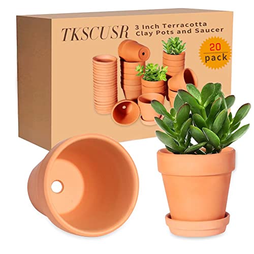 TKSCUSR 3 Inch Terracotta Pots with Saucer-20 Pack,Cactus Terra Cotta Flower Pots with Drainage,Succulent Nursery Clay Pots Great for Plants,DIY Crafts, Wedding Favor