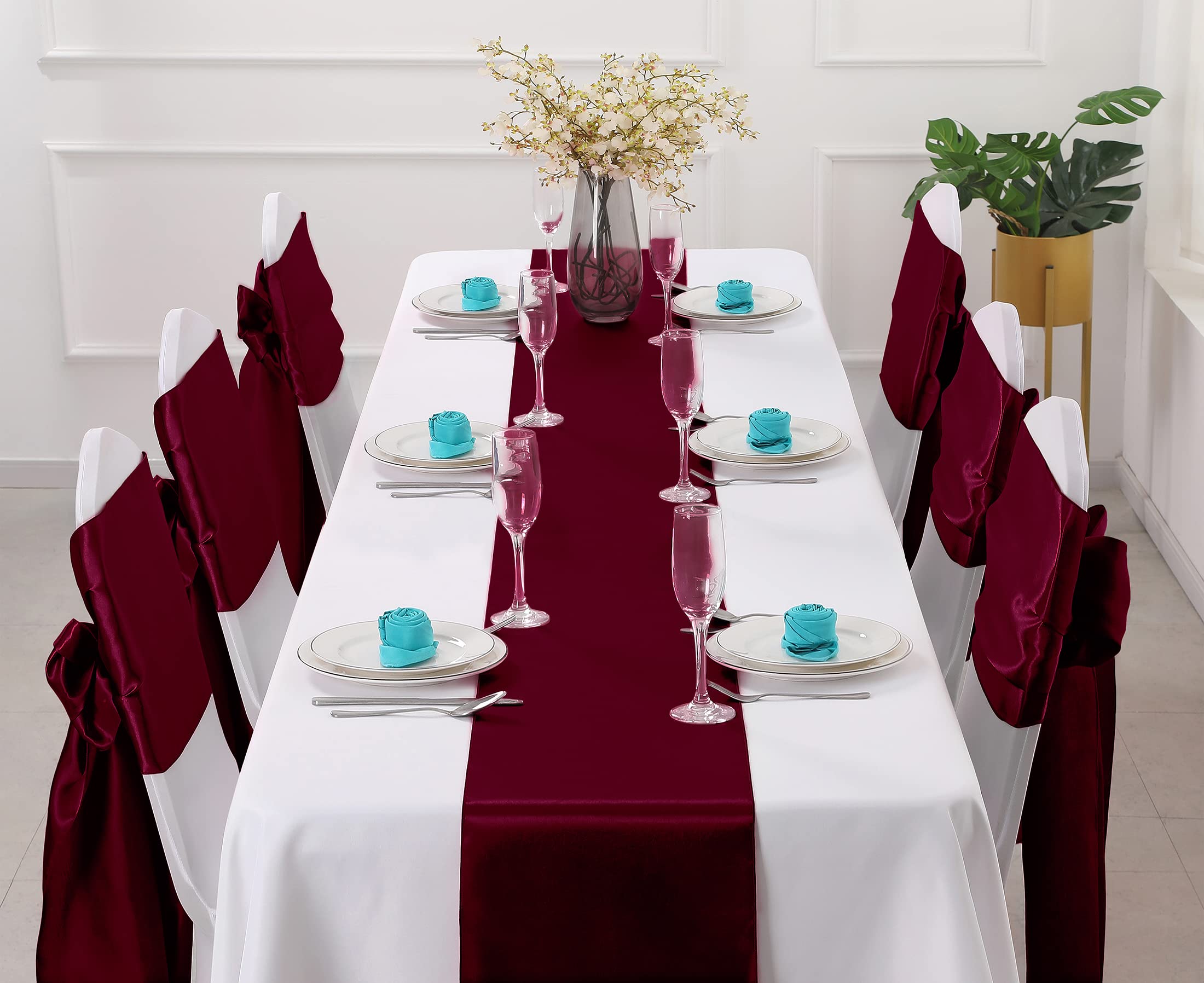 Horbaunal 12 Pack Burgundy Satin Table Runner 12 x 108 Inch, Smooth Table Runners for Wedding Banquets Birthday Party