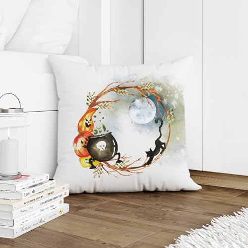 Halloween Moon Pillow Covers Cute Ghost Pumpkin Moon Couch Decorative Washable Soft Linen Pillow Covers Pack of 2 Living Room Bedroom Dorm,White,18x18 Inch