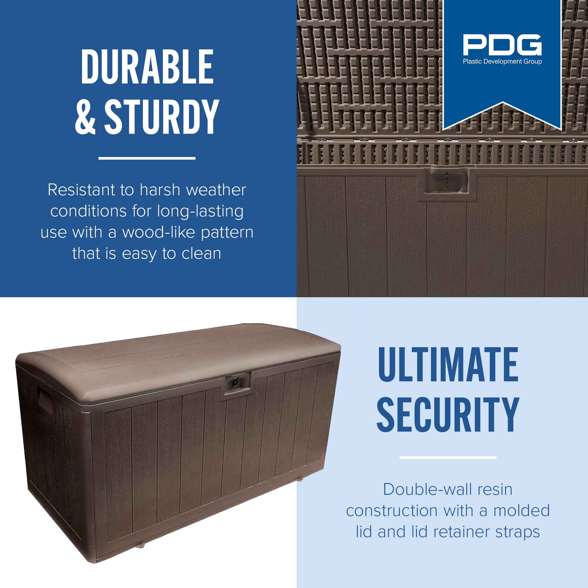 Plastic Development Group 105 Gallon Weatherproof Large Double Wall Plastic Outdoor Patio Storage Deck Box with Soft Close Lid, Java Brown