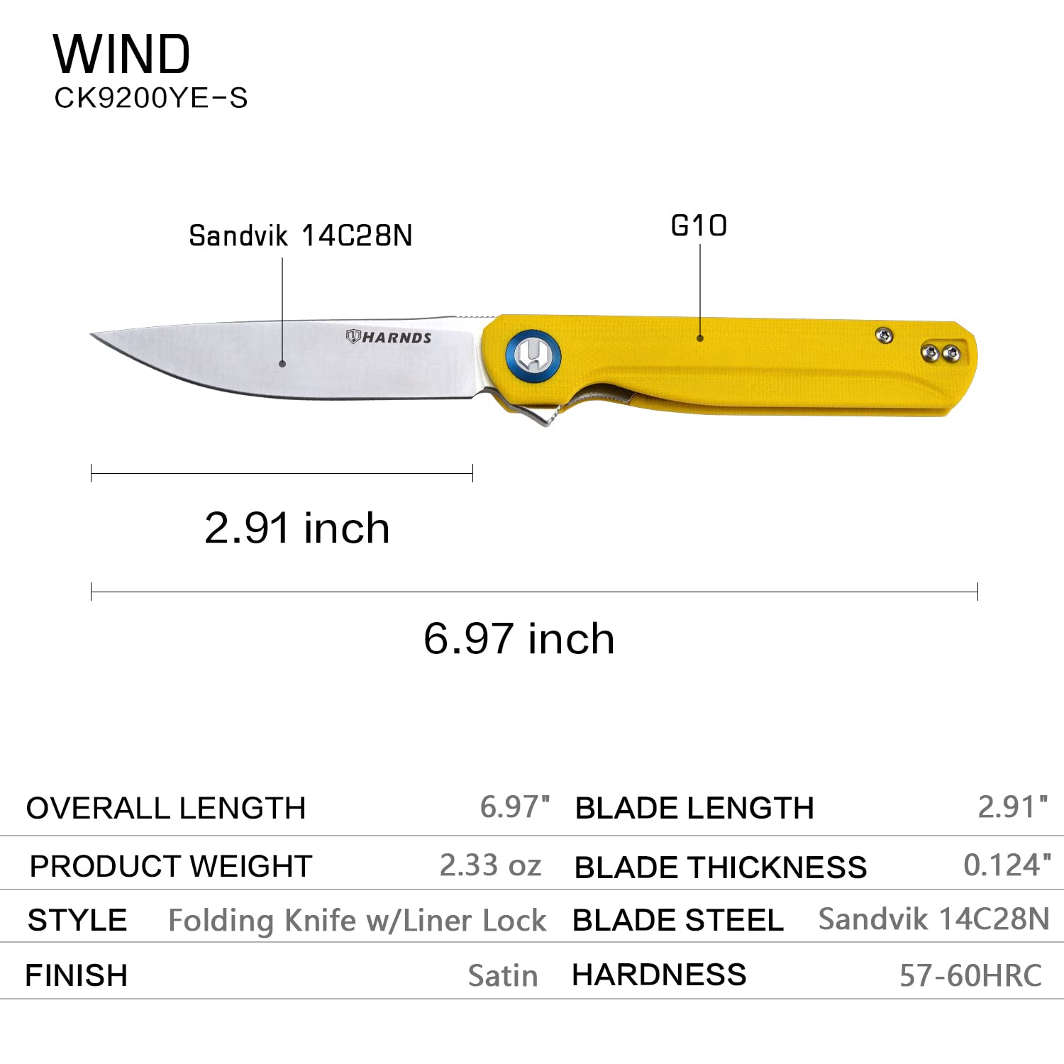 Harnds Wind Pocket Knife Flipper Sandvik Steel G10 Handle Folding Knife Ball Bearing with 2-Position Clip for Camping Survival and EDC (Yellow)