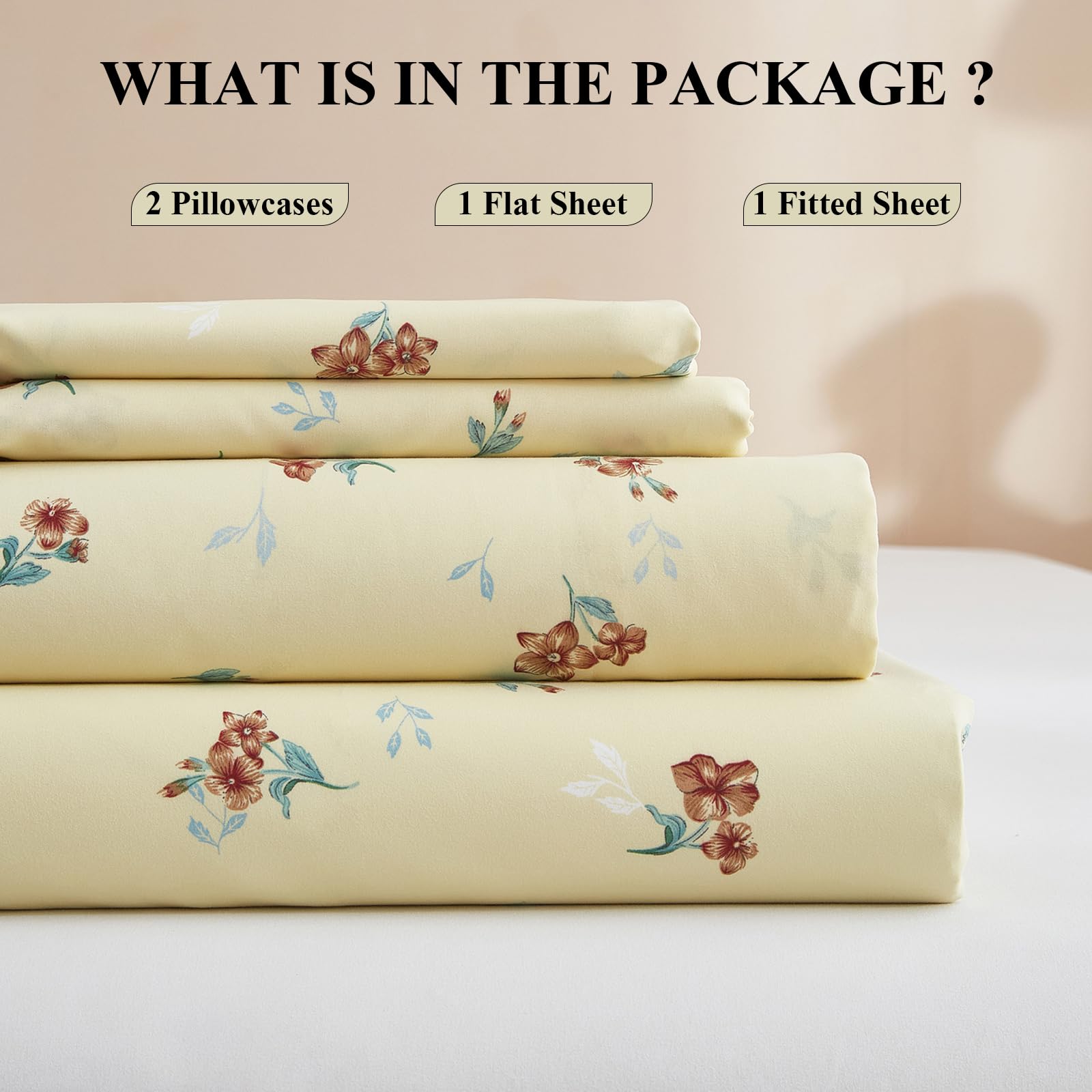 HIGHBUY Extra Deep Pocket Full Sheets - 4 Piece Floral Sheets Bed Sheets Fit 16 Mattress - Luxury Soft Cooling Sheets Fitted Sheets Full Size,Deep Pocket Full Sheets,Yellow Floral Bed Sheets
