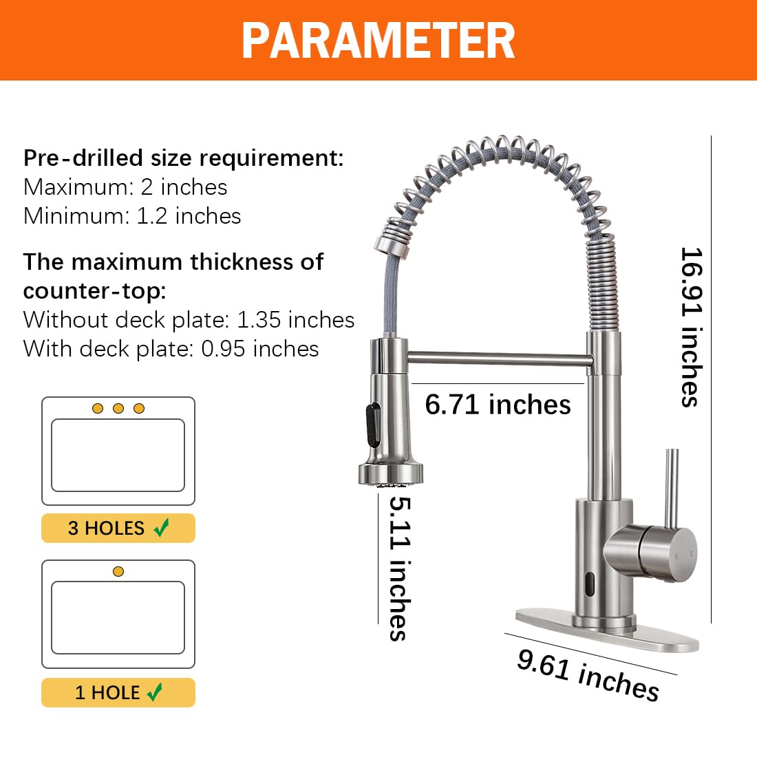 HGN Touchless Kitchen Faucets with Pull Down Sprayer, Motion Sensor Smart Hands-Free Activated Single Handle Spring Kitchen Sink Faucet