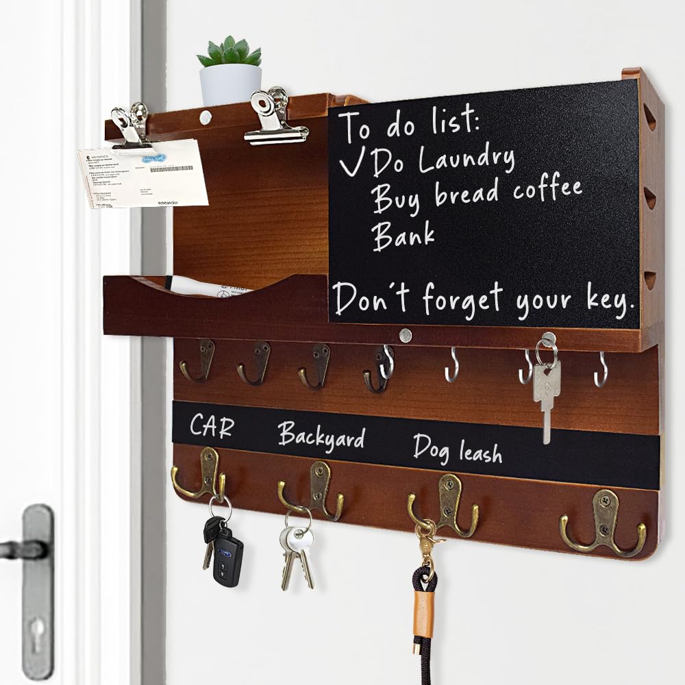 HEKOOLA Farmhouse Key and Mail Holder for Wall Decorative, Rustic Mail and Key Organizer for Wall with Different Hooks, Chalkboard, Key Holder Wall Mount with Shelf, Basket, Clips(Pine Wood, Brown)