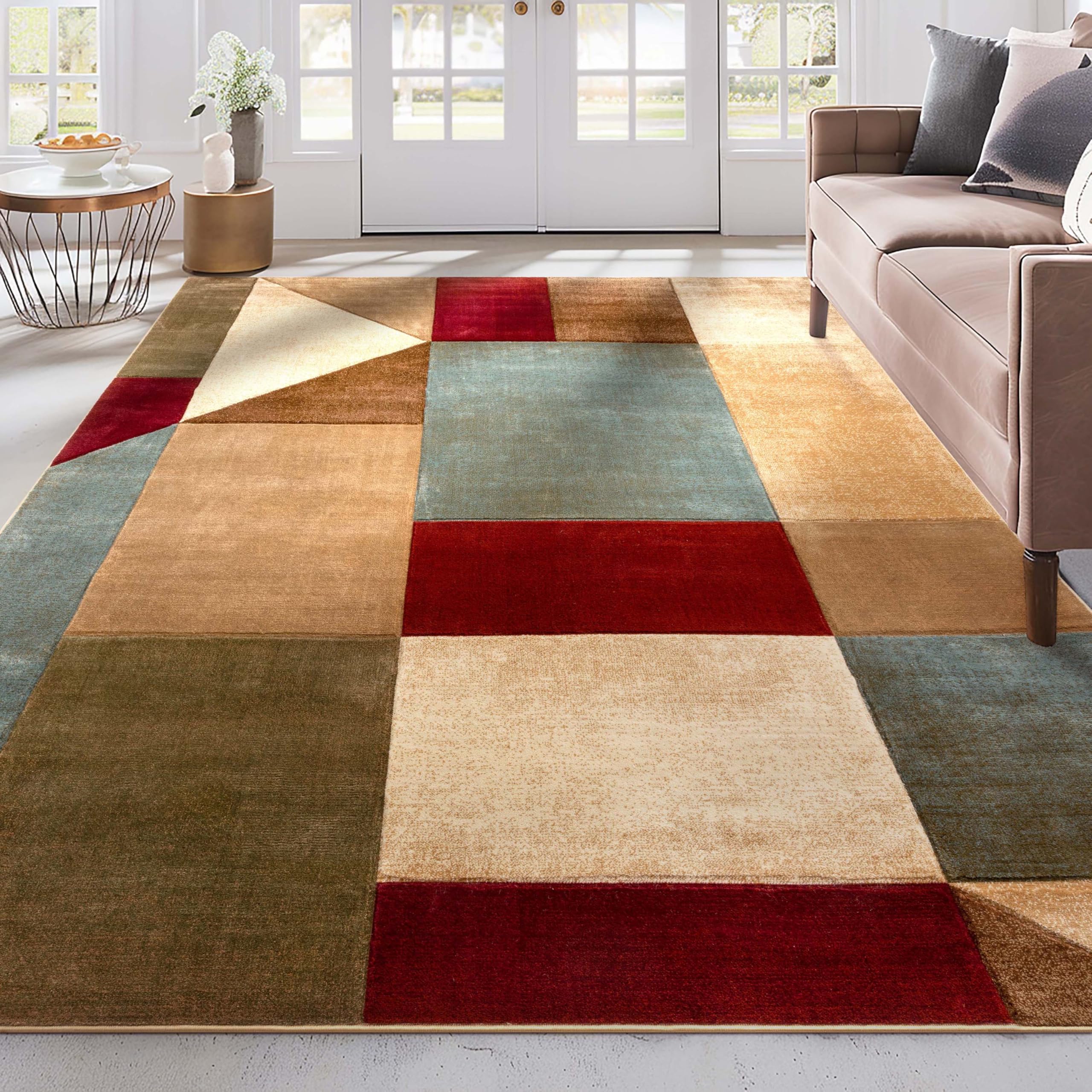 Well Woven Good Vibes Cecilia Multi Color Brown 7'10" x 9'10" Modern Area Rug for Living & Dining Room - Stain-Resistant, Hand-Carved, 3D Abstract Design