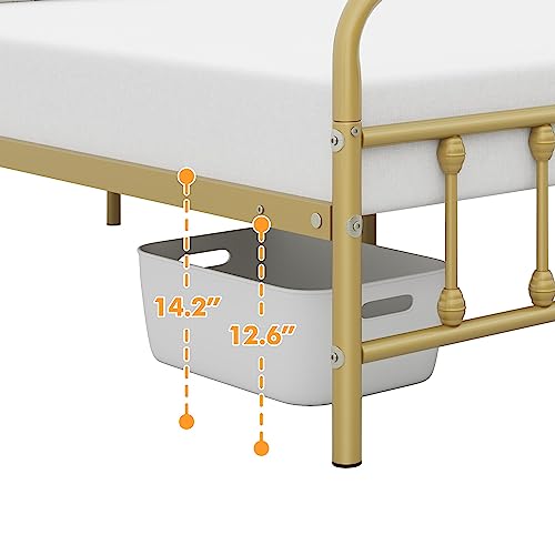 Topeakmart California King Size Victorian Style Metal Bed Frame with Headboard/Mattress Foundation/No Box Spring Needed/Under Bed Storage/Strong Slat Support Antique Gold