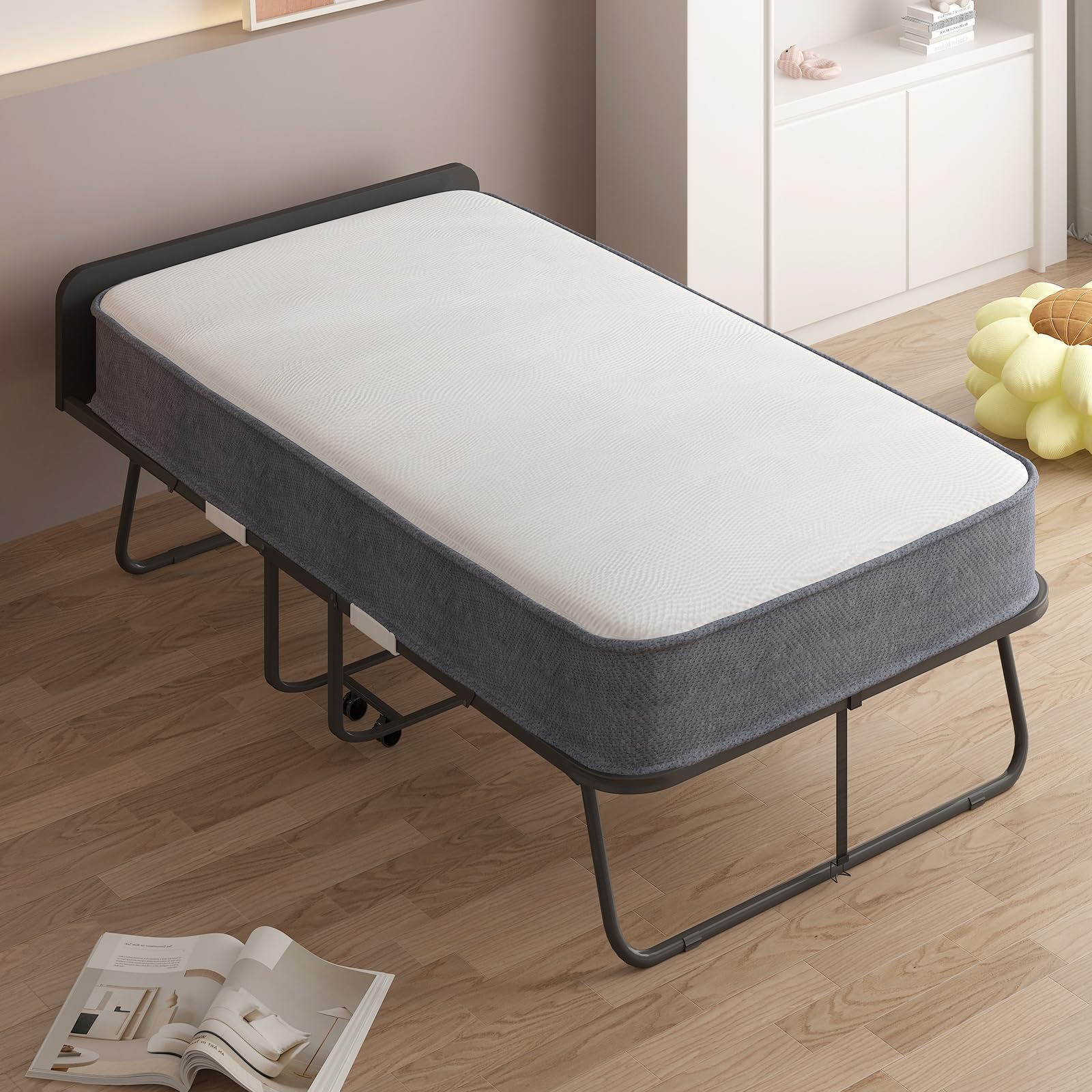 Horgaeo Folding Bed with 5 Inch Mattress Twin Size Portable Foldable Guest Bed with Headboard for Adults, Fold Up Rollaway Bed with Metal Frame and Dust Cover, Space Saving, 75 x 31