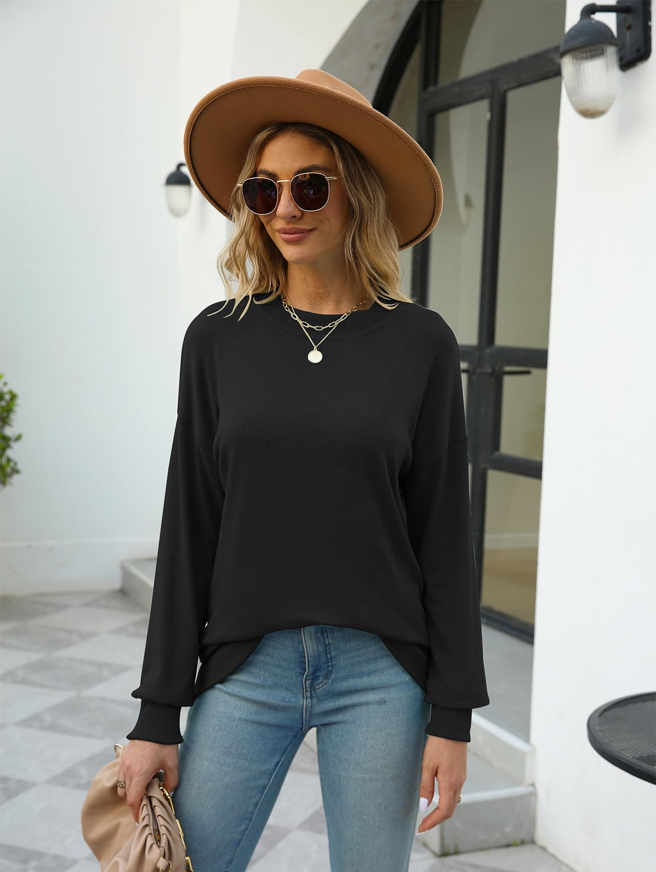 Hount Long Sleeve Shirts for Women Casual Pullover Sweatshirts Loose Fall Tunic Tops Blouses (X Large, Brown)
