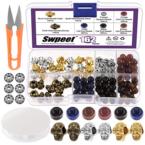 Swpeet 162Pcs 3 Colors Skull Bead Skeleton Beads and 8mm Natural Mixed Color Gemstone Round Loose Beads Assortment Kit, Brass Micro Pave Cubic Zirconia Skull Head Beads for Jewelry Making