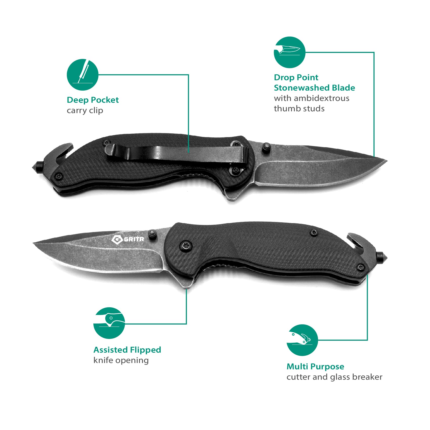 GRITR Quest EDC Rescue Folding Pocket Knife - Camping Survival Multi-Tool Knife with Stainless Steel Drop-Point Blade, Liner Lock, Glass Breaker, Seat Belt Cutter