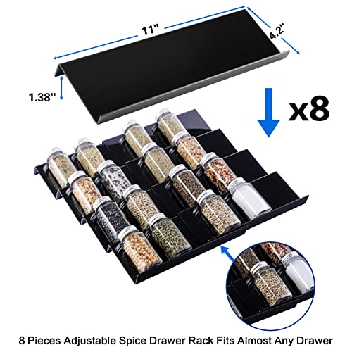 Yakaly Black Acrylic Spice Drawer Organizer, Expandable 11" to 22" - 4 Tier Slanted Drawer Seasoning Jars Rack Hold up 60 Jars, Adjustable In Drawer Spice Tray for Kitchen Cabinet Drawer/Countertop