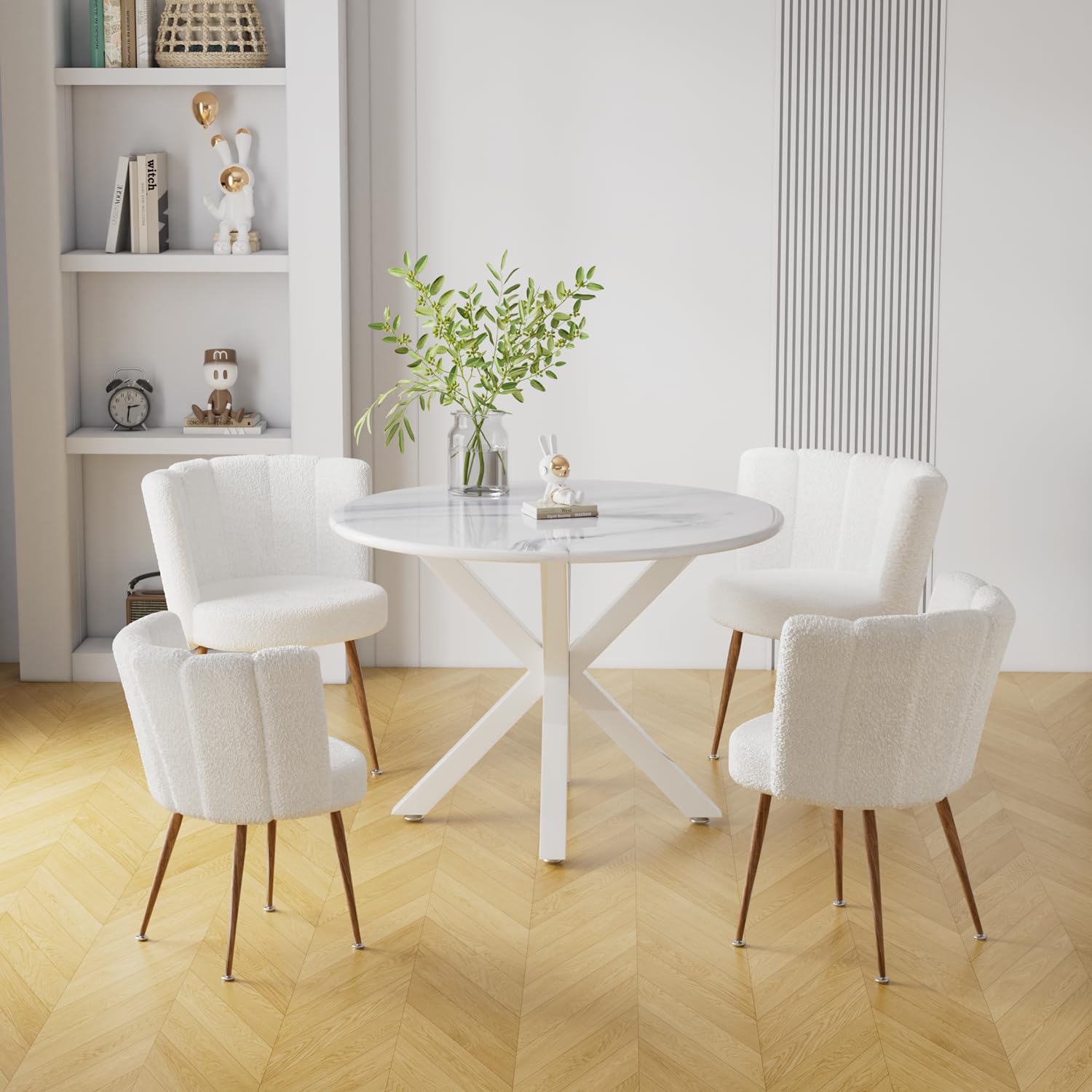 HAIZAO Modern White Boucle Dining Chairs Set of 4, Curved Backrest Upholstered Kitchen Dining Room Chairs, Mid-Century Dining Chair with Metal Legs