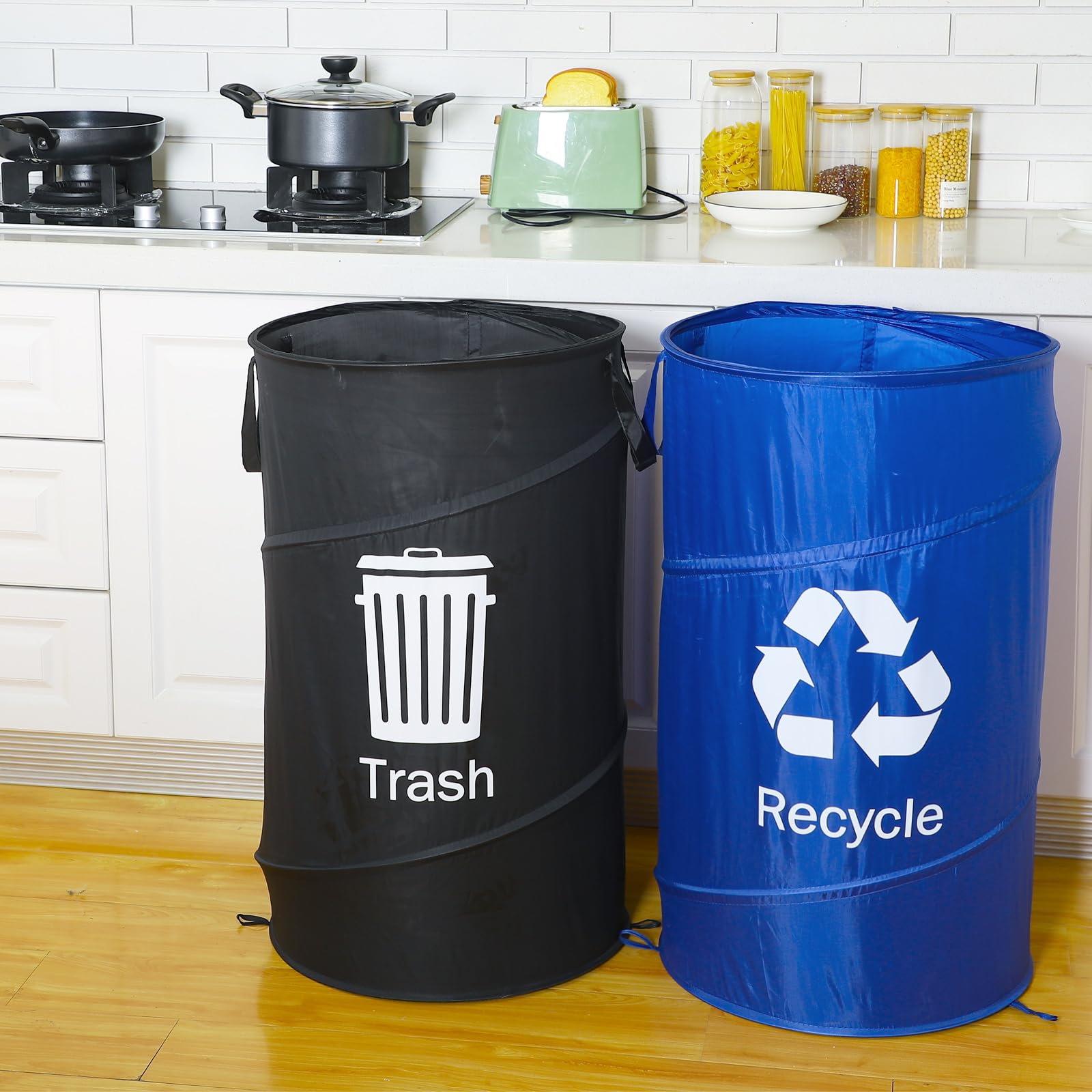 Umigy 2 Pcs 33 Gallon Pop up Trash and Recycling Container Collapsible Trash Can Camping Trash Can Travel Garbage Container Collapsible Trash Bin for Outdoor Indoor Yard Camping Party
